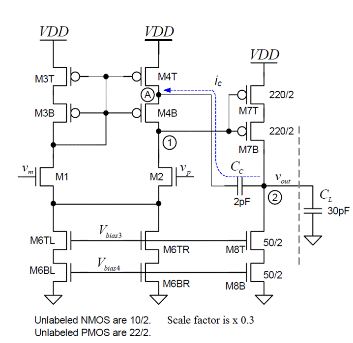 Note all sizes are scaled by 0.3, e.g. the inputpair is actually 6.6u/0.6u